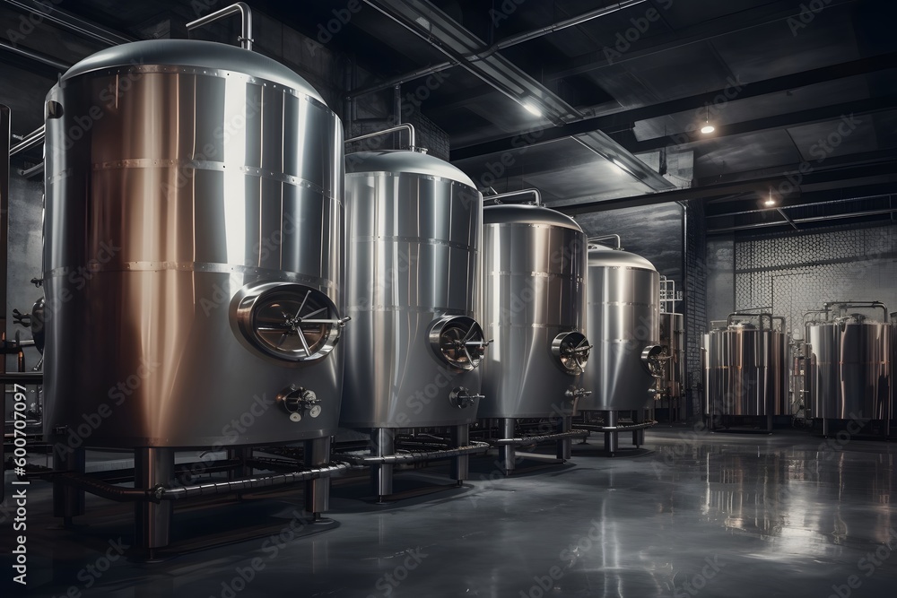 Multiple steel beer tanks for fermentation in a modern brewery ...