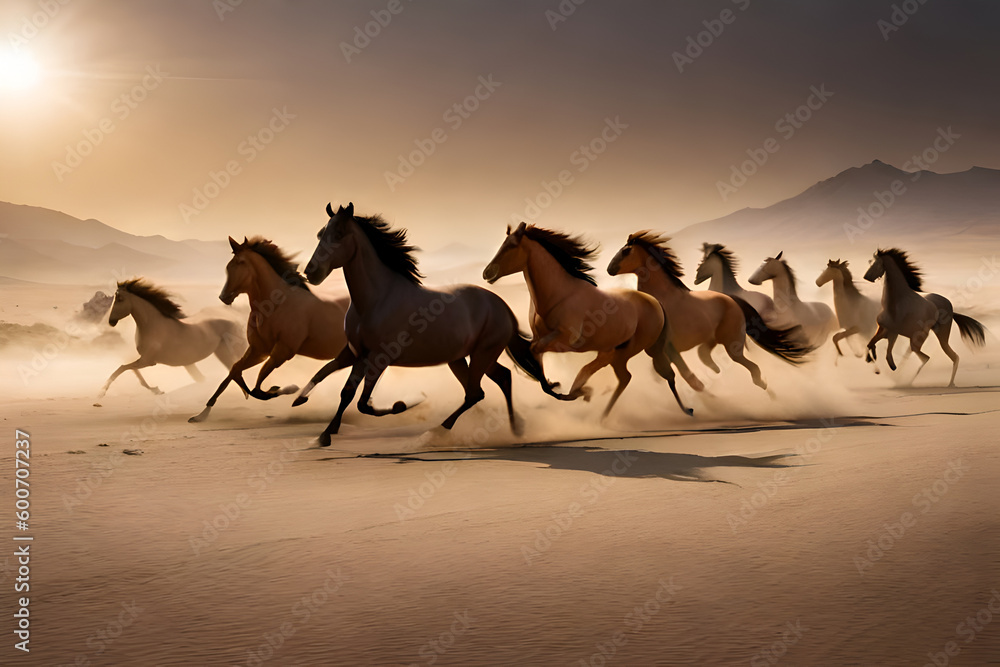 A majestic herd of wild horses gallops across an expansive desert ...