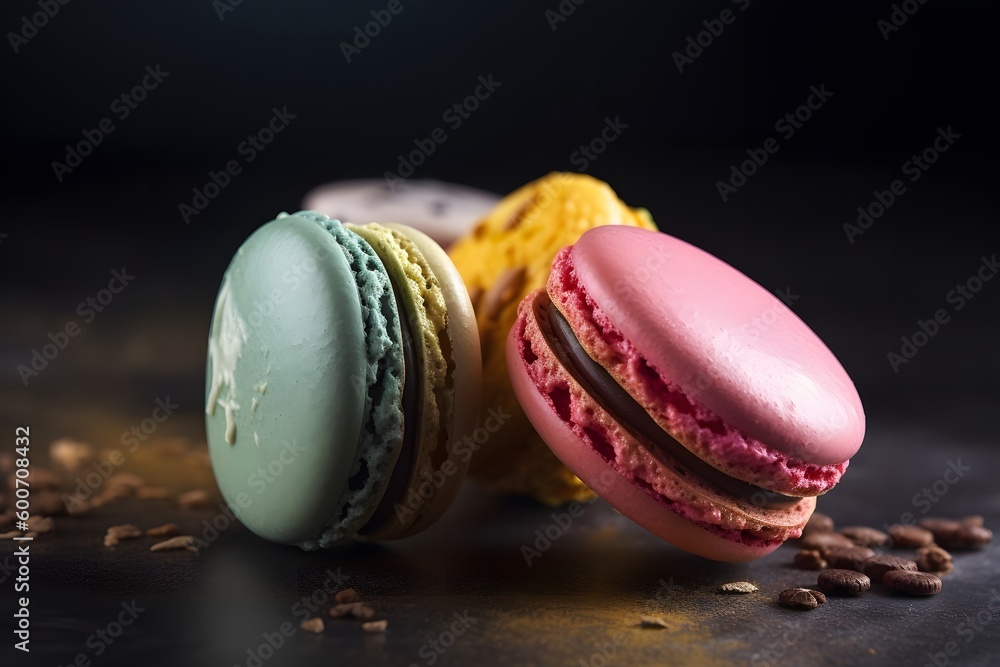 ภาพประกอบสต็อก Three colorful macarons with varying flavors on a ...