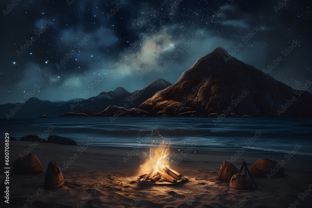 A beach campfire painting with stars and mountain in the background at ...