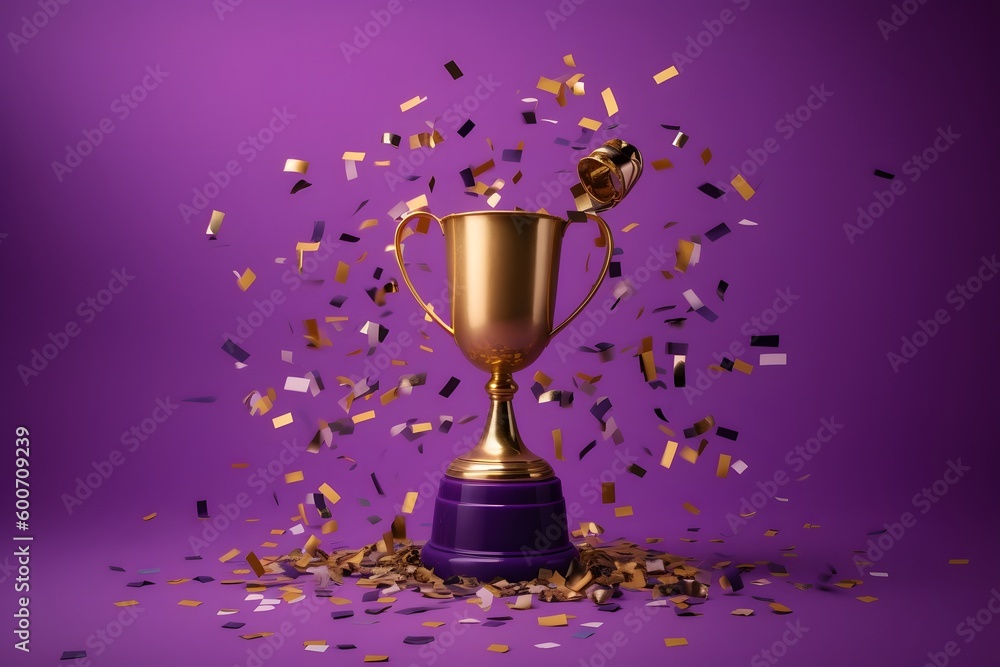Purple background with a cartoon champions trophy and confetti falling ...