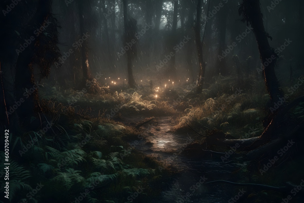 Mystical forest with dim light at night, drawn , .highly detailed ...