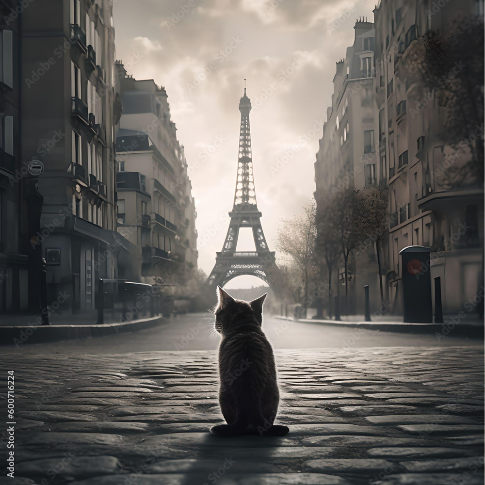 Chat devant la Tour Eiffel Stock Illustration | Adobe Stock