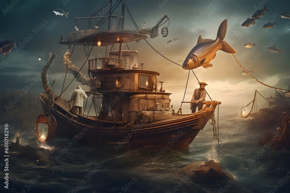 An illustration of a steampunk fishing scene with a fantasy twist ...