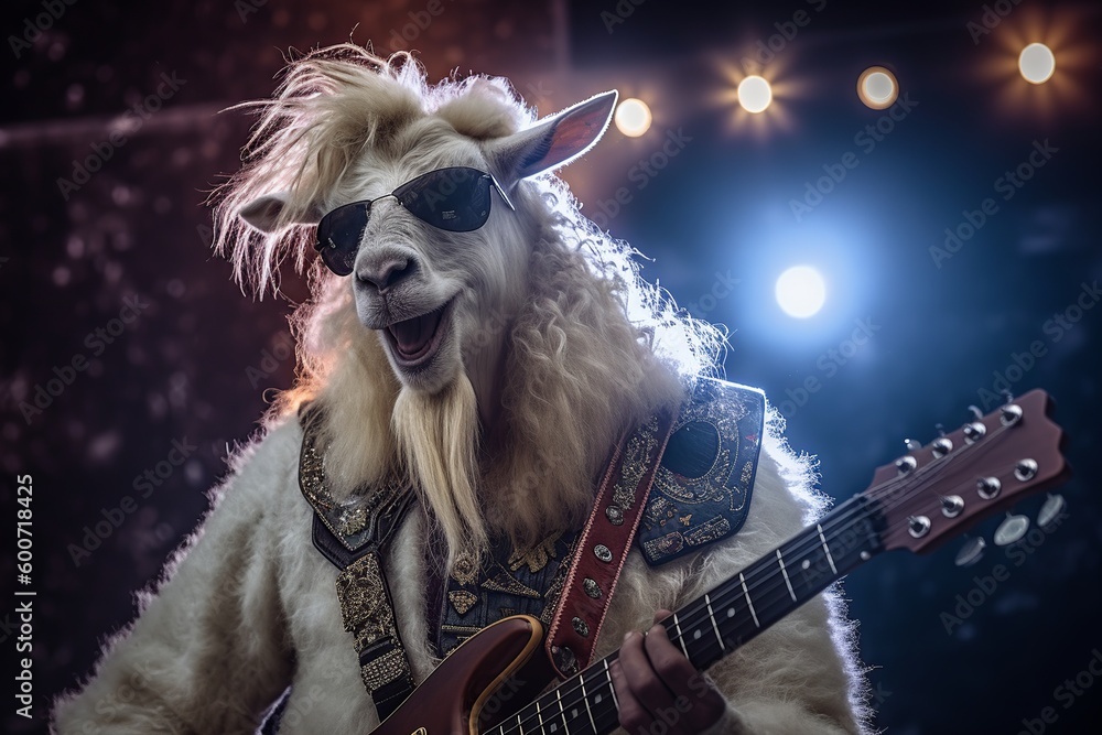 Greatest of all time! A comical portrait of a goat dressed in rockstar ...