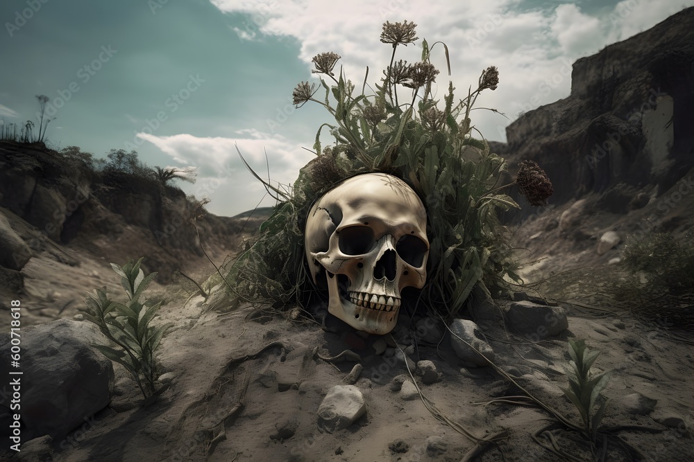 Dried terrain with a solitary plant and a colossal, bizarre cranium ...