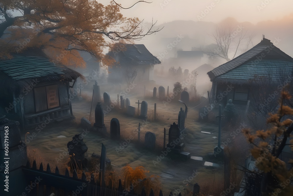 Ilustrace „Mystical autumn cemetery shrouded in mist, with spooky huts ...