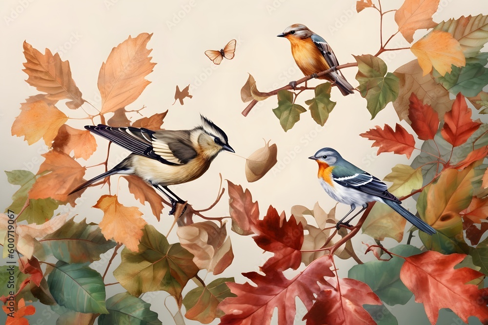 Natural illustration featuring leaves and birds processed to appear ...