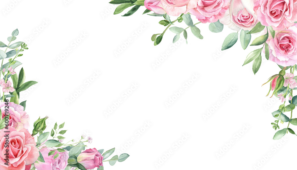 Watercolor flowers pink roses, Illustration hand painted. Floral frame ...