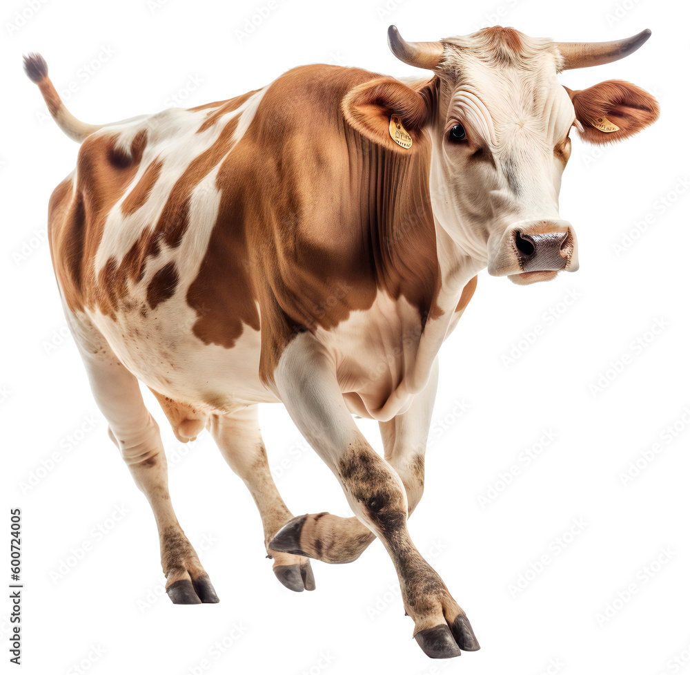 The cow is running. Spotted, horned cow in motion. Isolated on a ...