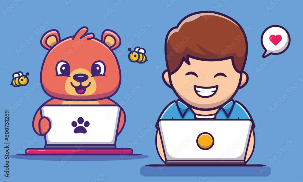 Cute man and honey bear operating laptop cartoon vector illustration ...