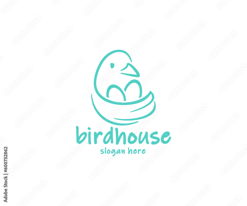 Bird sitting on the nest with eggs logo design. The bird flaps its wing ...