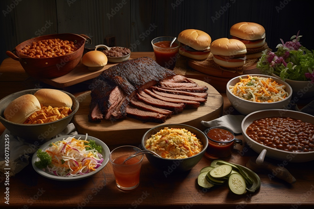Classic American barbecue spread, featuring a platter of slow-cooked ...