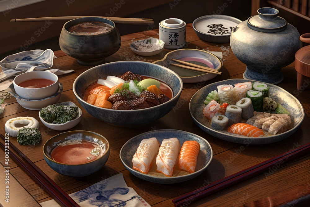 Traditional Japanese meal, featuring sushi rolls with fresh fish and ...