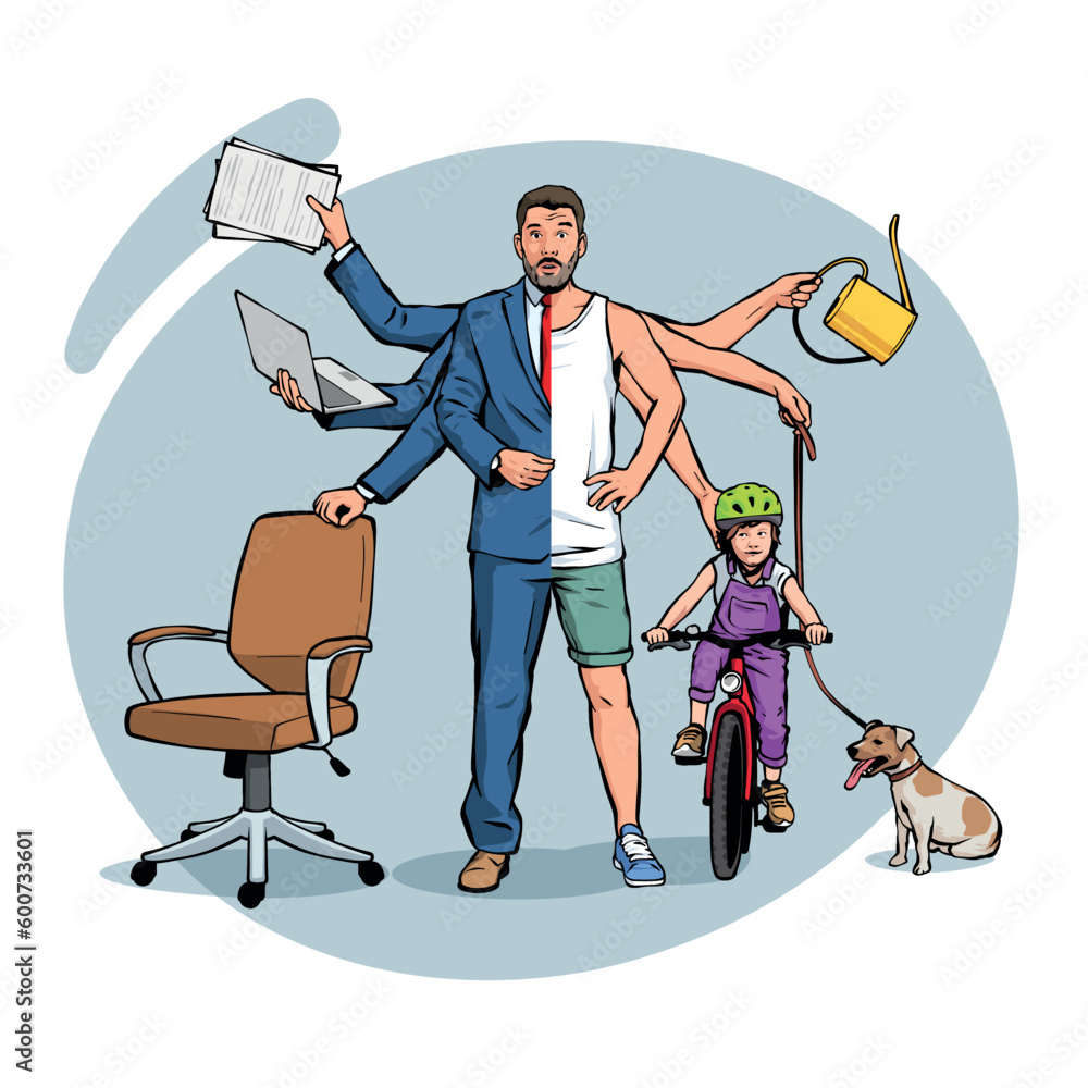 stressed desperate man balance between workplace and family doing a lot ...