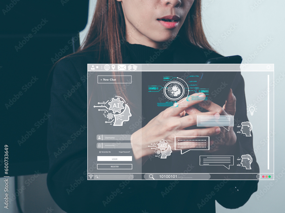 Chat with AI, Artificial Intelligence. woman using technology smart ...