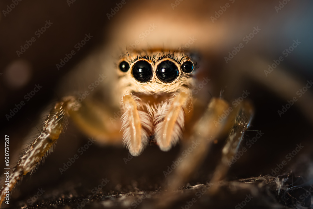 Foto Stock Big jumping spider in the dark. Macro photography, big eyes ...