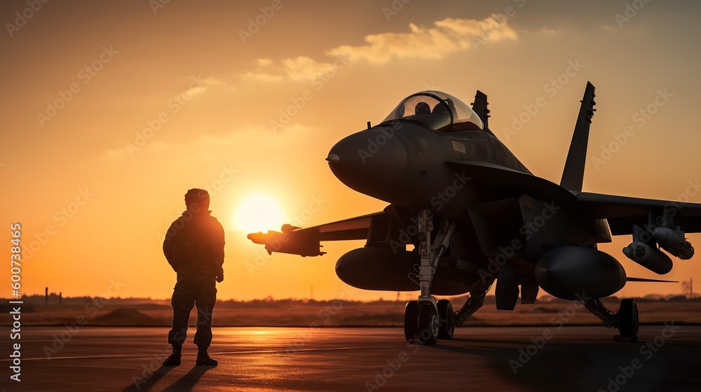 Silhouette of a pilot with a jet fighter, Generative AI Stock ...