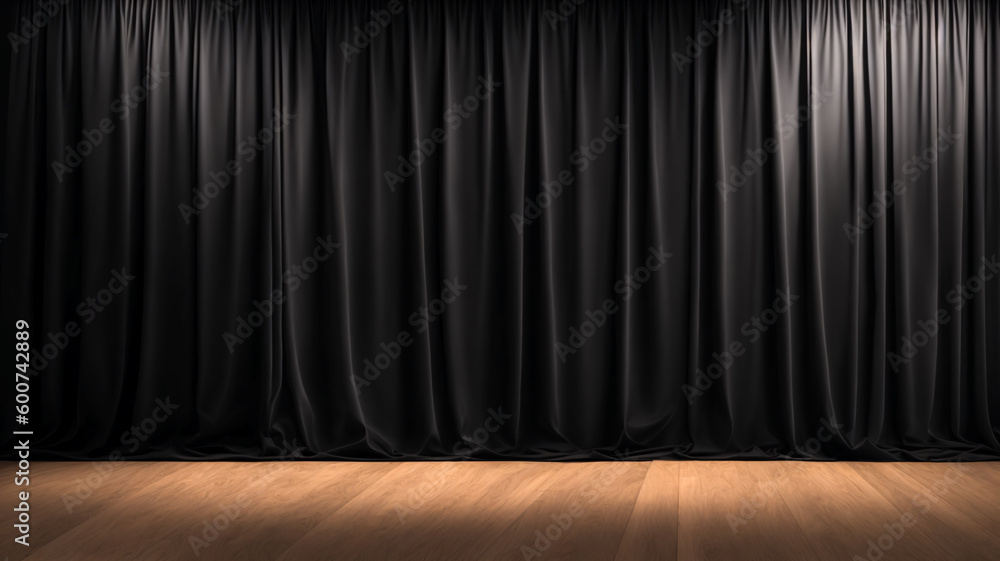 Wooden floor stage with black curtain background generated Ai Stock ...