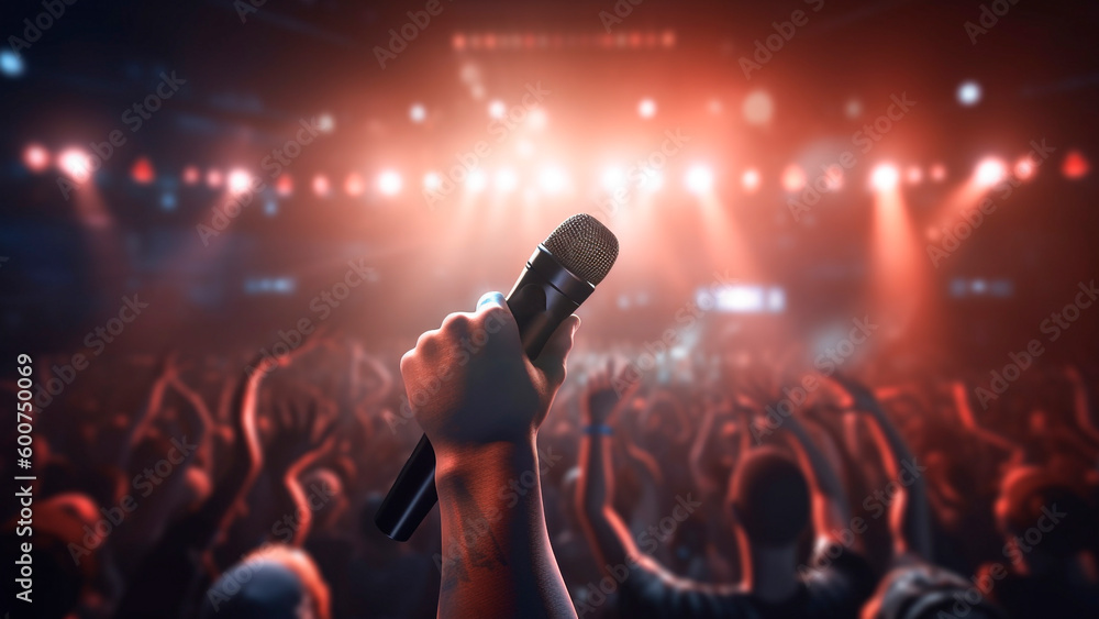 Hand of a singer in front of concert stage with crowd in background ...