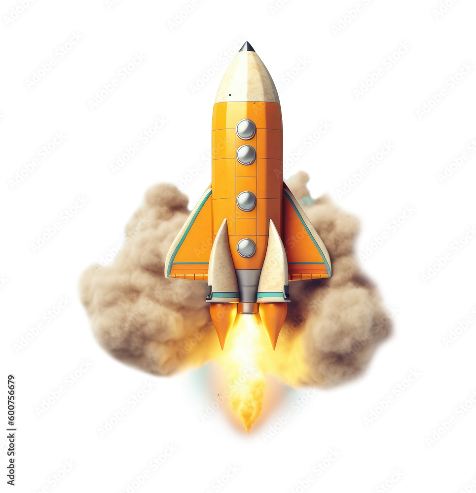 Space rocket flying with flames isolated on white, transparent ...