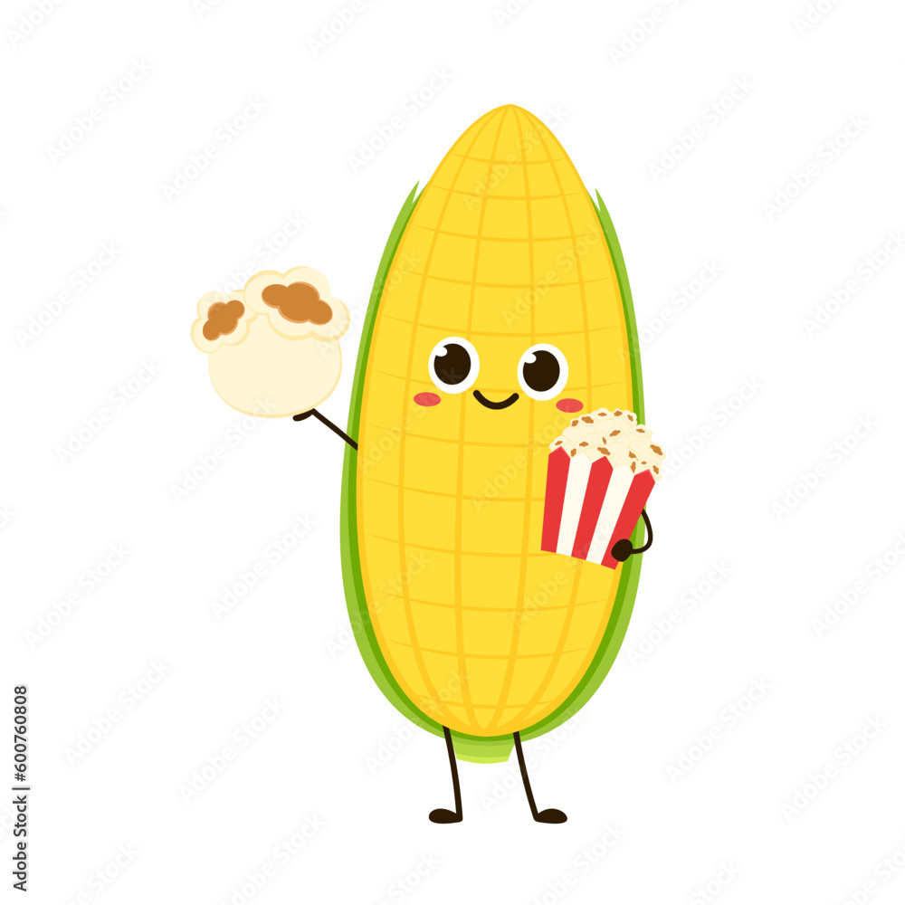 Corn and popcorn cartoon. Vector mascot, cartoon and illustration of a ...