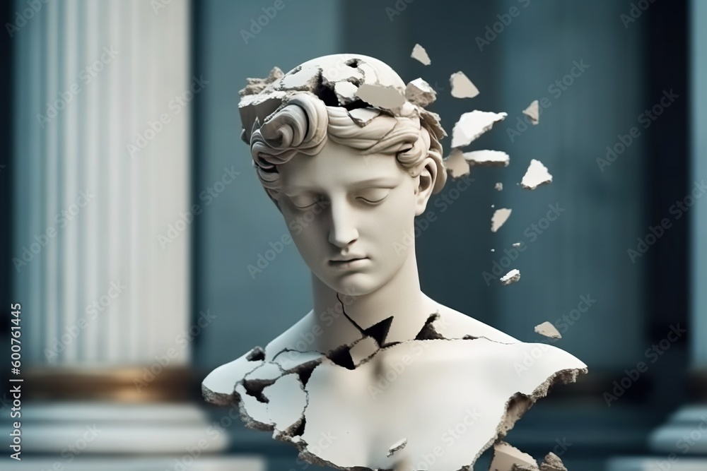 Broken ancient greek statue woman head falling in pieces. Broken marble ...