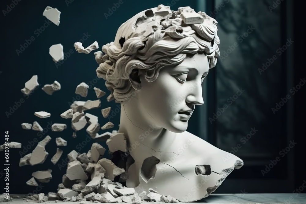 Broken ancient greek statue woman head falling in pieces. Broken marble ...