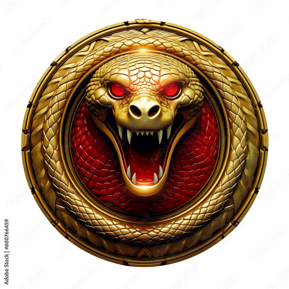 A Silver and gold metal snake head metal emblem. 3D style snake metal ...