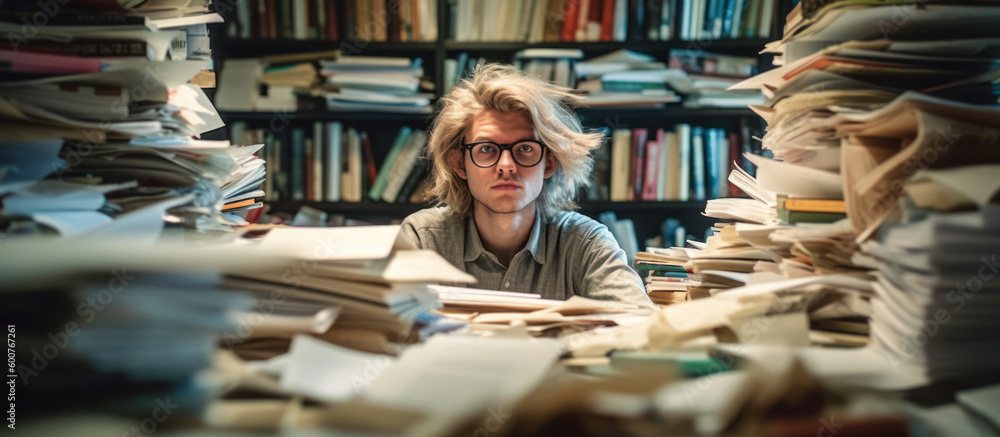 An exhausted man with too much work to do. Work piled up on his desk ...