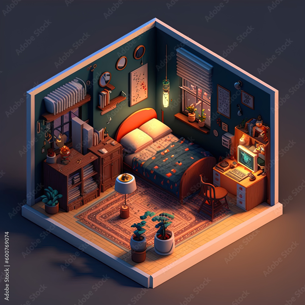 interior of a bedroom, 3D model, render, blender Stock Photo | Adobe Stock