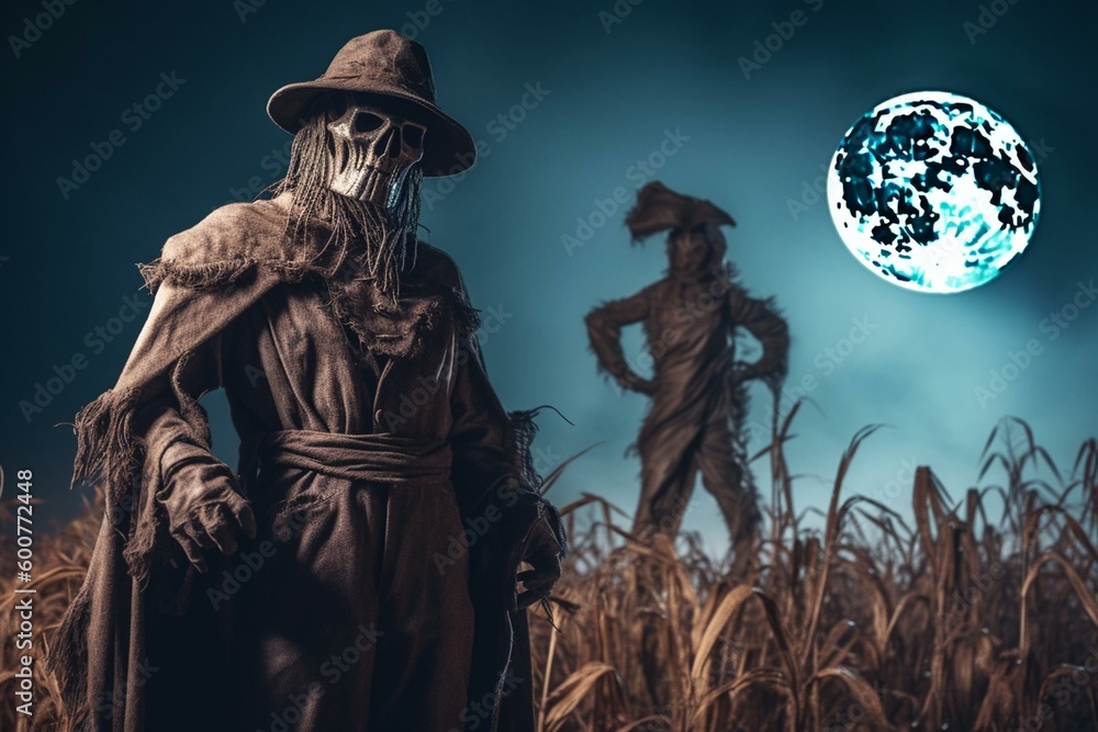 Spooky image of a scarecrow and monster under the moonlit sky for ...
