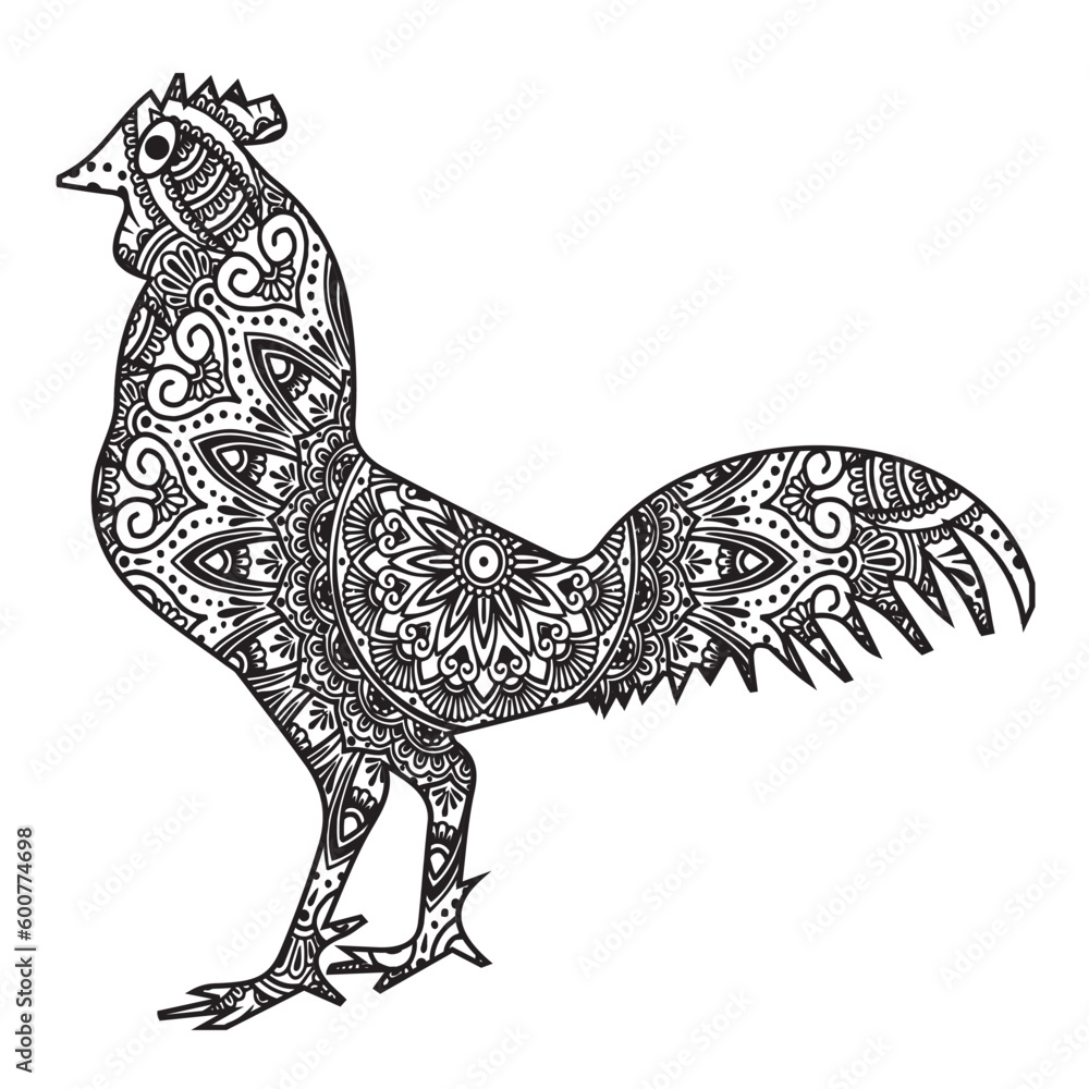 rooster isolated on white.Vector animal mandala coloring page for kids ...