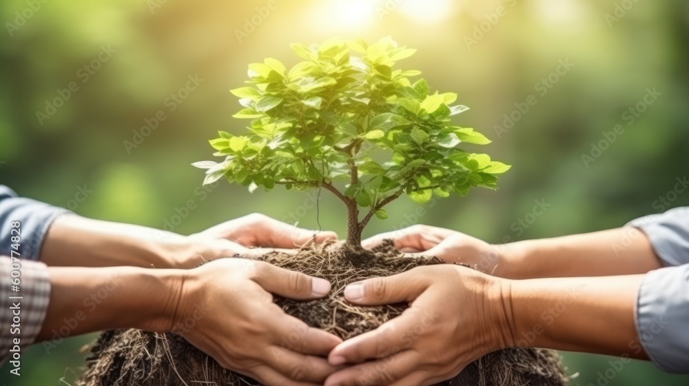 Hand of people helping plant the seedlings tree to preserve natural ...