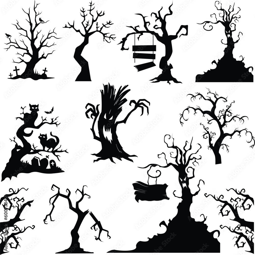 Set of 11 Creepy Tree Vector Silhouettes for Halloween Design Stock ...