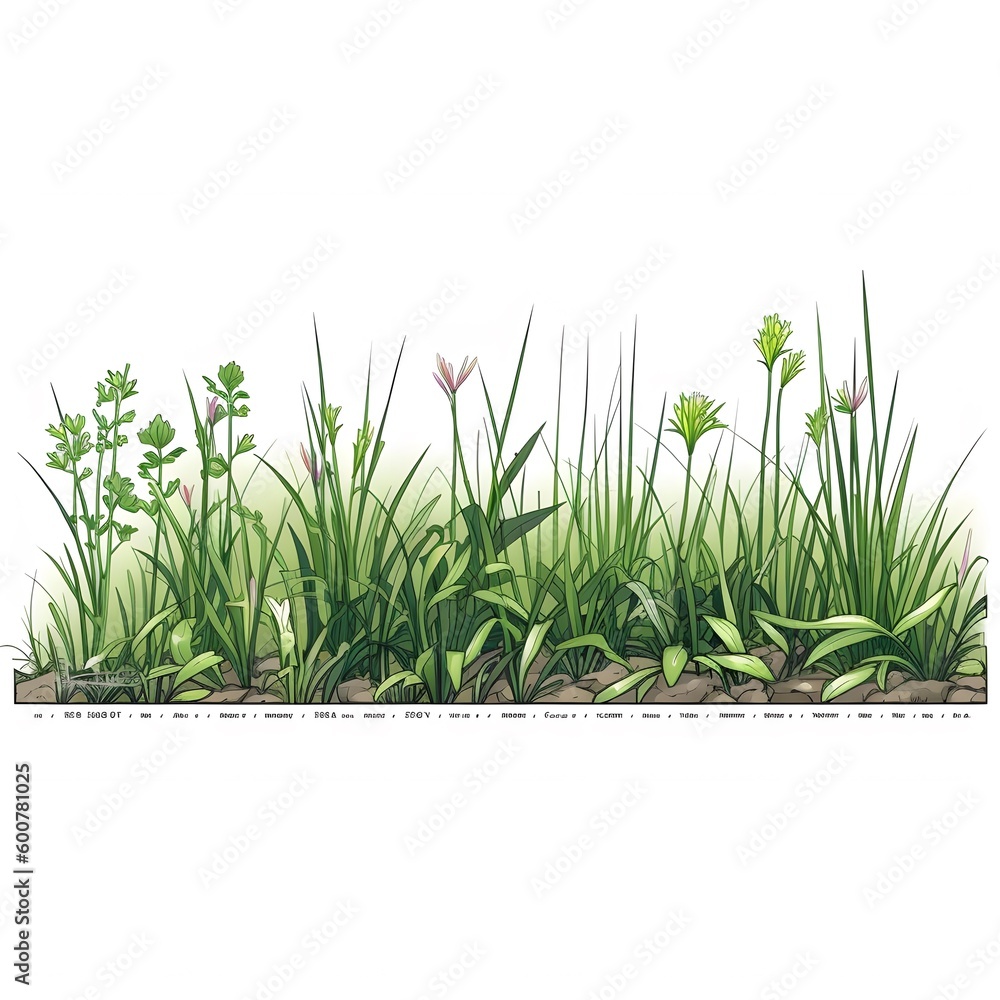 2d botanical illustration long strip of short kentucky bluegrass with ...