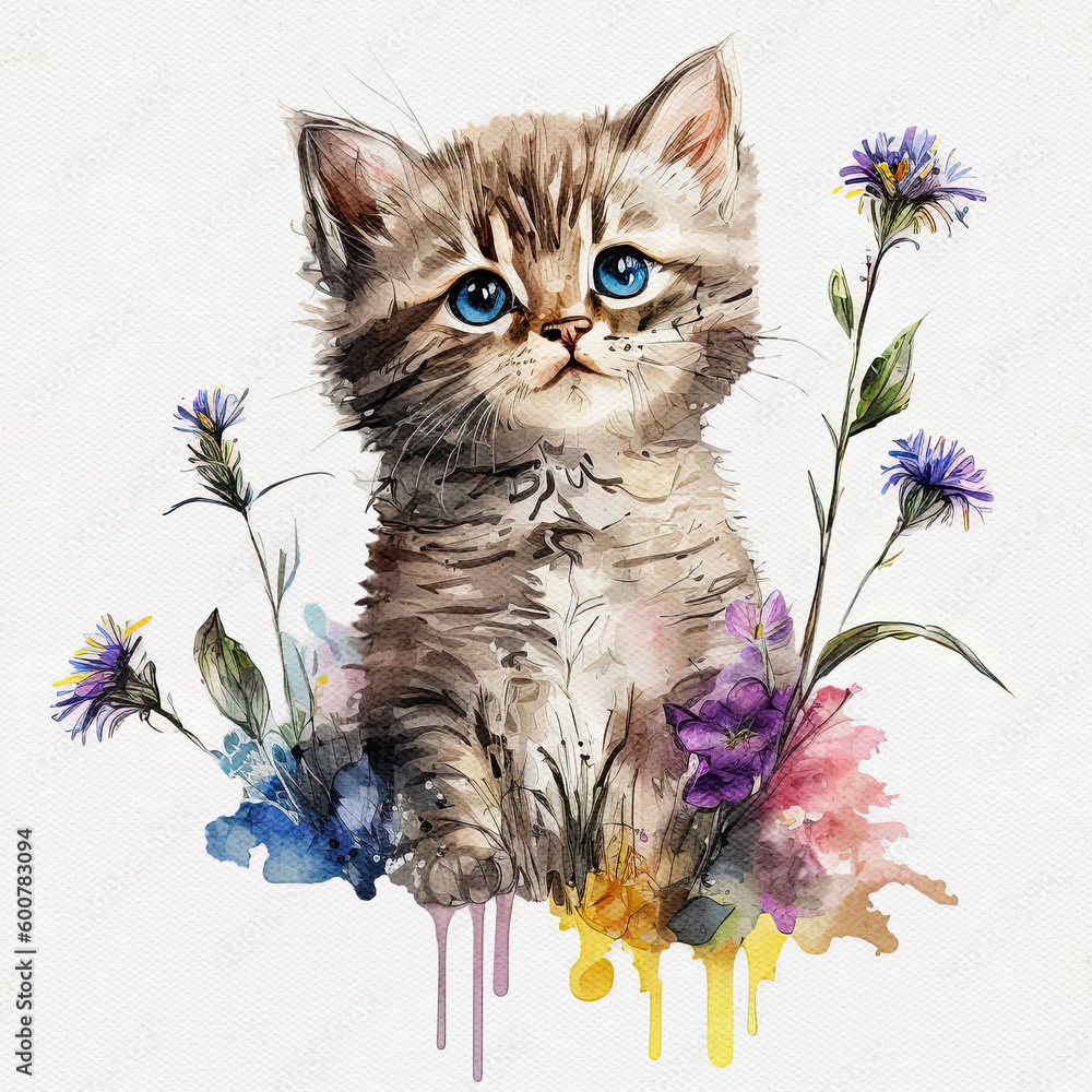 Watercolor cute kitten hold flower. Delicate spring illustration - baby ...