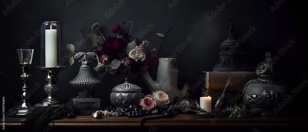 Dark macabre Skull still life background - generative AI - dark art ...