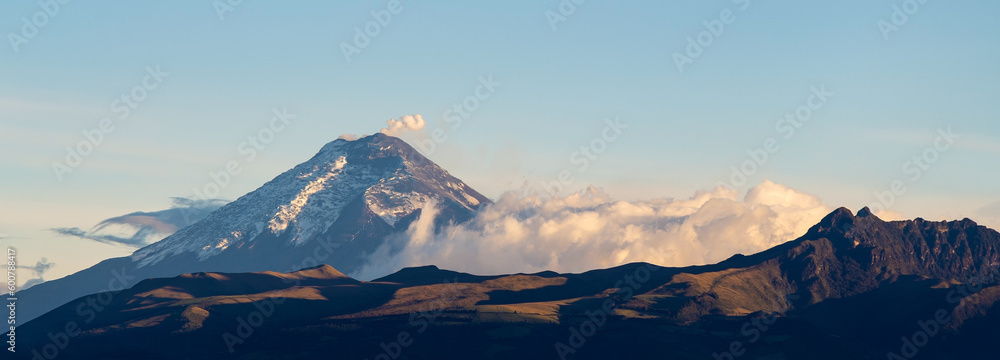 Poster Cotopaxi volcano panorama with smoke of ash cloud eruption ...