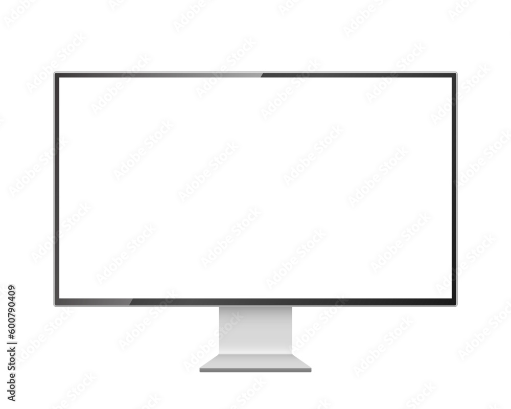 Computer monitor vector mockup. Pc template with blank screen. Silver ...
