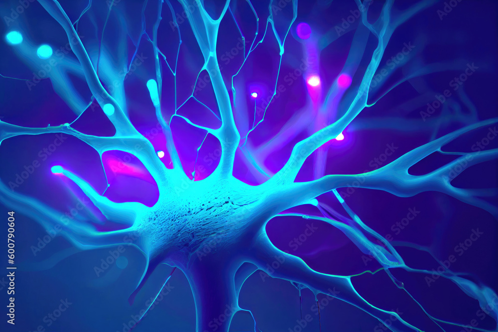 active neuron brain cells with glowing signals, electrical chemical ...