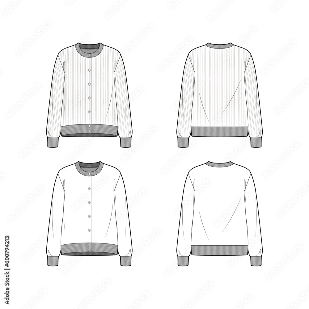 Technical sketch of knit cardigan design template. Front and back view ...