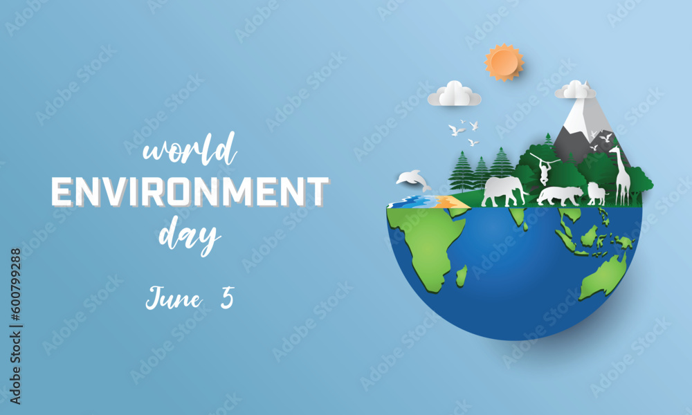World Environment Day design. It features a half world globe with ...