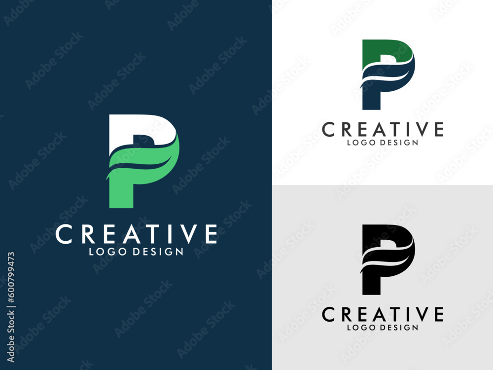 Initial Letter P Logo with Green Leaf vector on three color variations ...