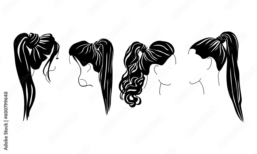 ponytail hairstyle for long hair set of silhouettes, stylish styling ...