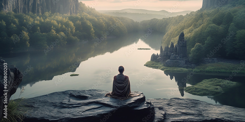 buddhist monk in meditation beside the river with beautiful nature ...
