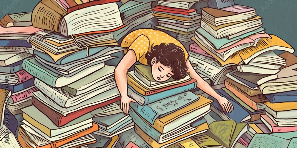 A stressed student buried under a mountain of textbooks, depicting the ...