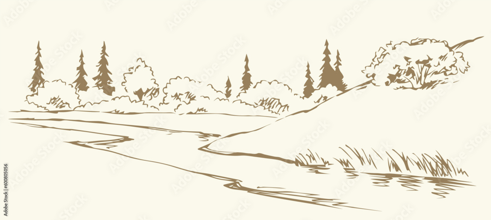 Vector drawing. Summer river scene Stock Vector | Adobe Stock