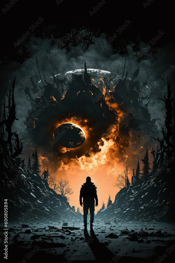 Lone Human At The Brink Of Destruction Watching The Apocalyptic End As
