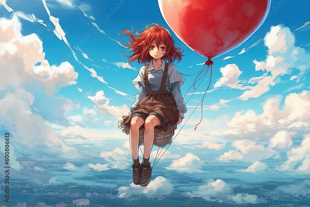 anime girl flying with balloon, manga style illustration generative ai ...